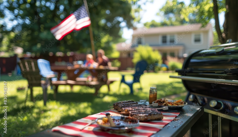4th of July backyard barbecue with family and friends, red, white and ...