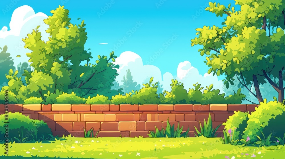 Experience a charming backyard scene complete with a brick wall lush ...