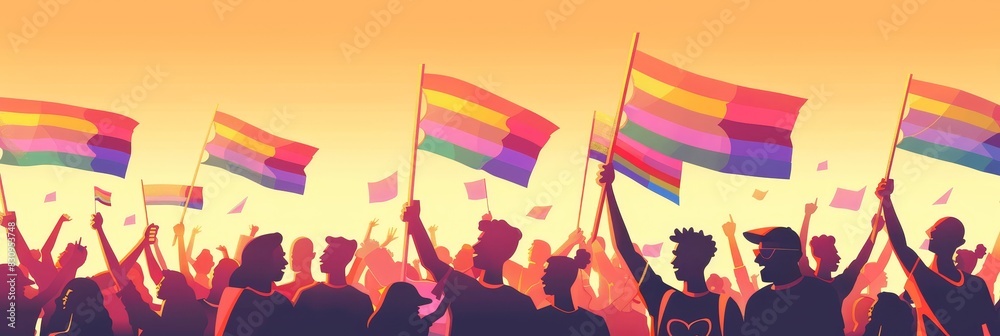 Animated pride parade scene with raised flags - Digital artwork of ...
