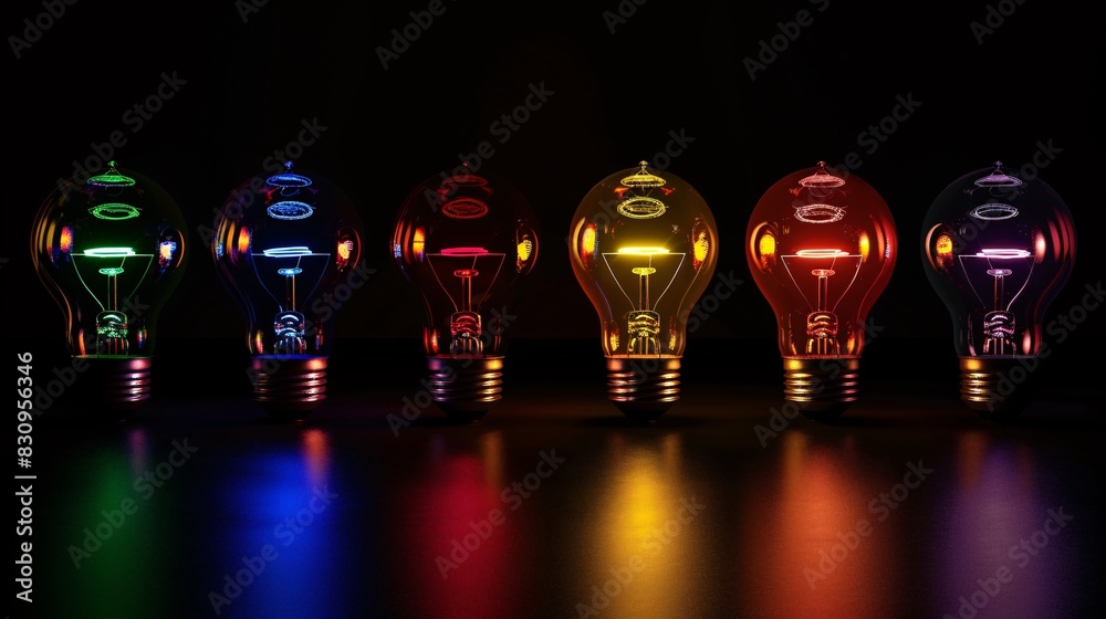 7 rainbow light bulbs on a black background, in a dark background, with ...