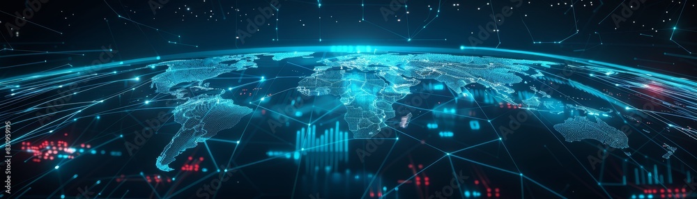 Digital world map with glowing data connections and futuristic network ...