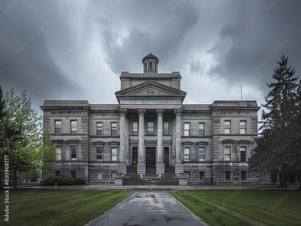 A grand and imposing historic building, captured under a moody ...