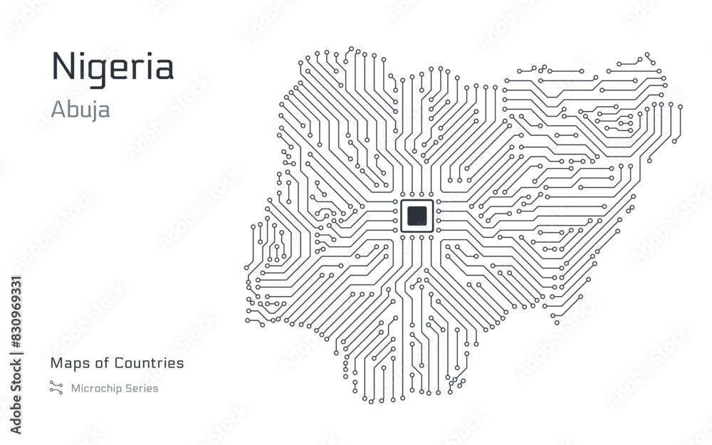 Nigeria Map with a capital of Abuja Shown in a Microchip Pattern with ...