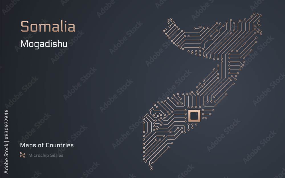 Somalia Map with a capital of Mogadishu Shown in a Microchip Pattern ...