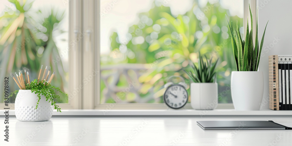 White desk space with free decoration and small plant by window with ...