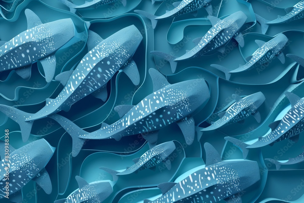 Abstract blue paper cut-out art featuring a school of whale sharks ...