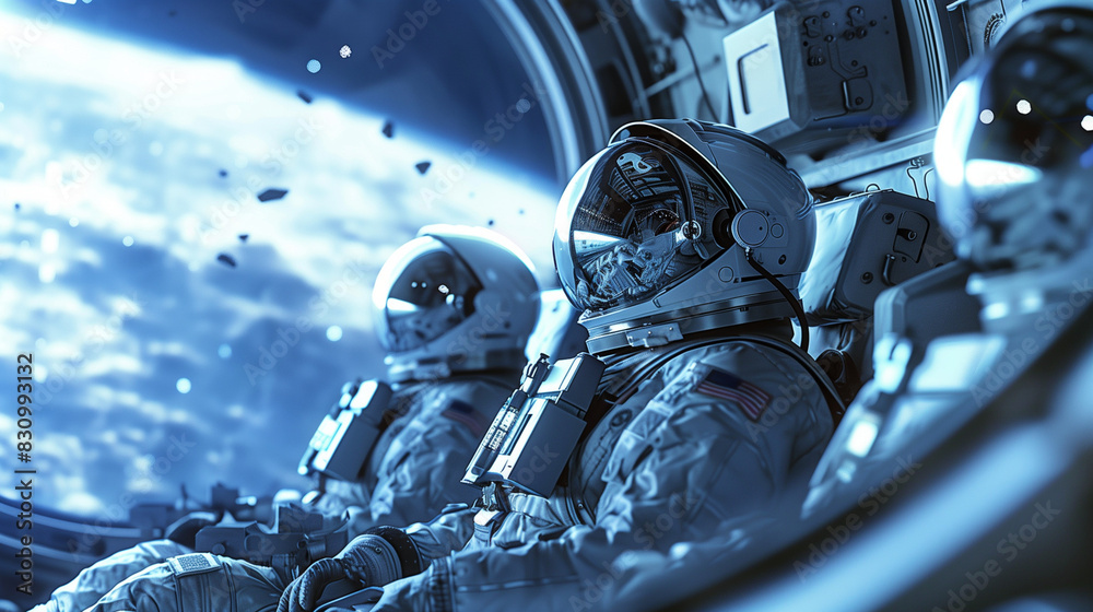 Astronauts in a space capsule, ready for a daring journey beyond Earth ...