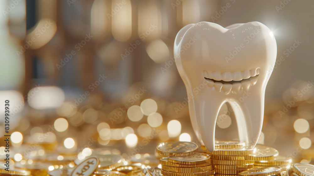 Atop a stack of gold coins is a shiny white tooth, symbolizing both the ...