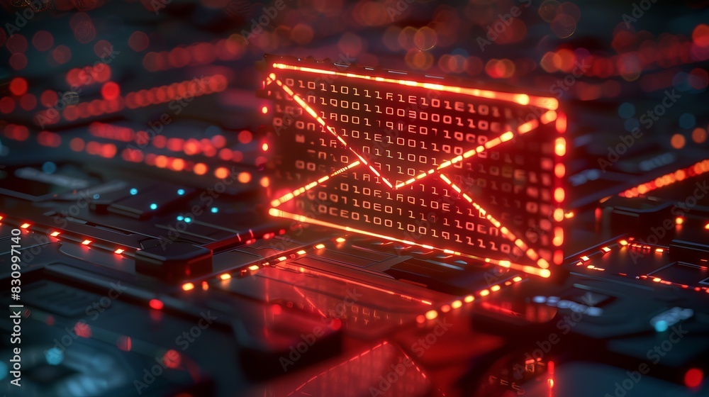 Digital envelope symbolizing email communication with binary code glowing on a futuristic ...