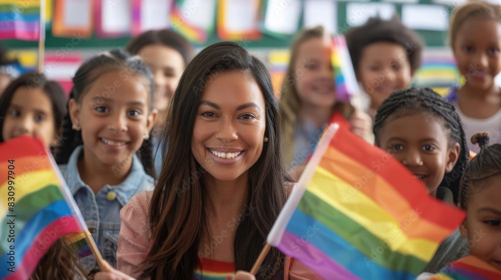 LGBT acceptance Focus on a classroom with a teacher and students ...