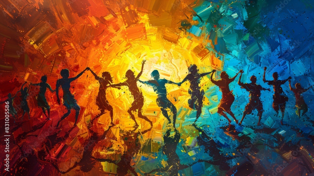 Design a digital artwork of celebratory scenes. Illustrate a group of ...