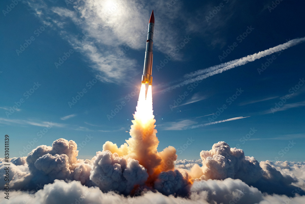 Ballistic military missile in blue sky with clouds, rocket launch trace ...