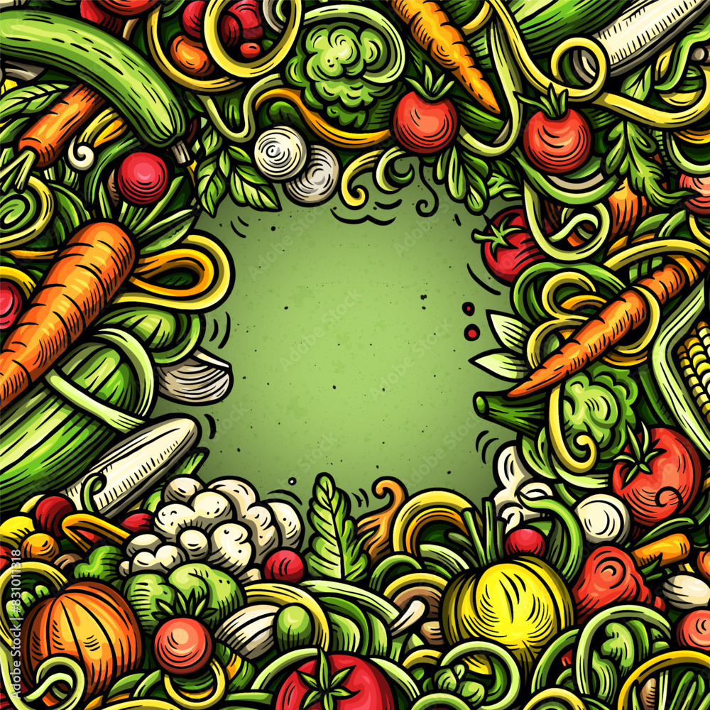 Vecteur Stock Vegetables cartoon vector doodles frame. Veggies border ...