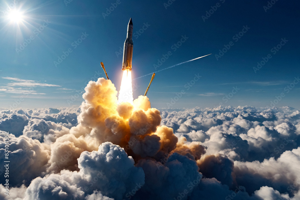 Ballistic military missile in blue sky with clouds, rocket launch trace ...