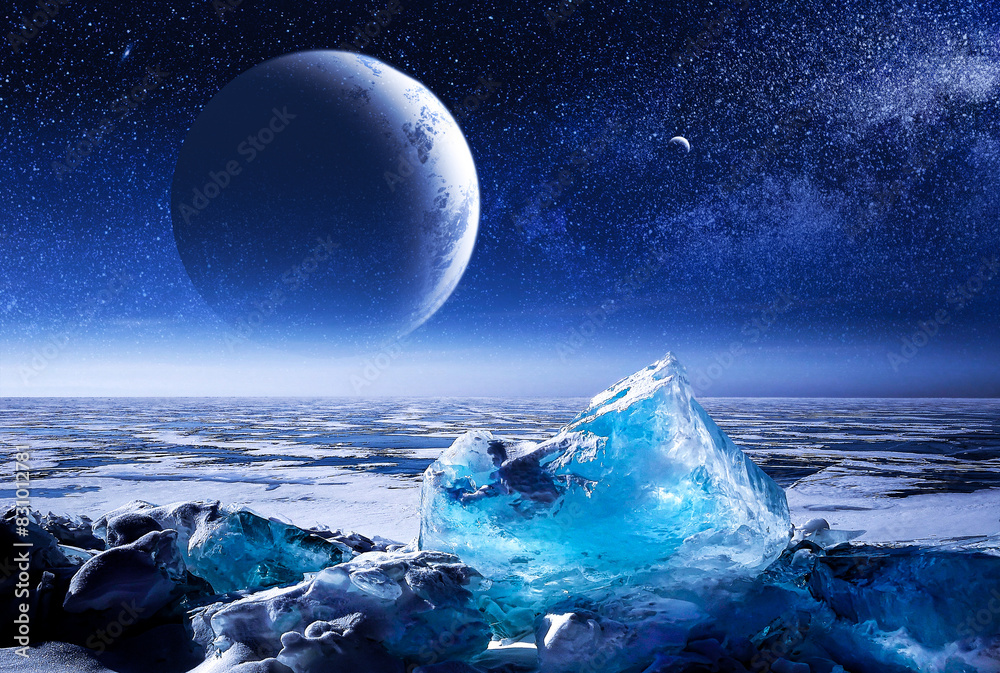 icy landscape with rocky planet in the cloudy sky. outer world ...