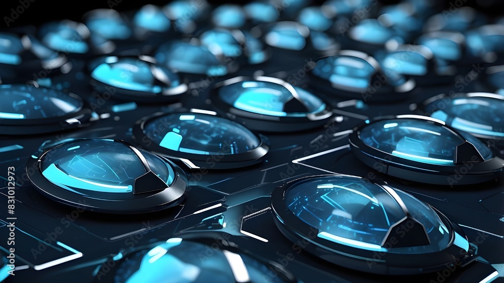 Abstract blue futuristic guard shields on power buttons, a modern 3D ...