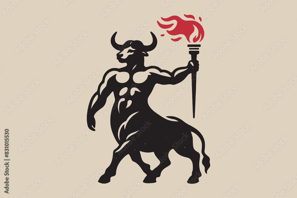 Minotaur. Mythical creature of ancient Greece. Bull man. Torch with ...