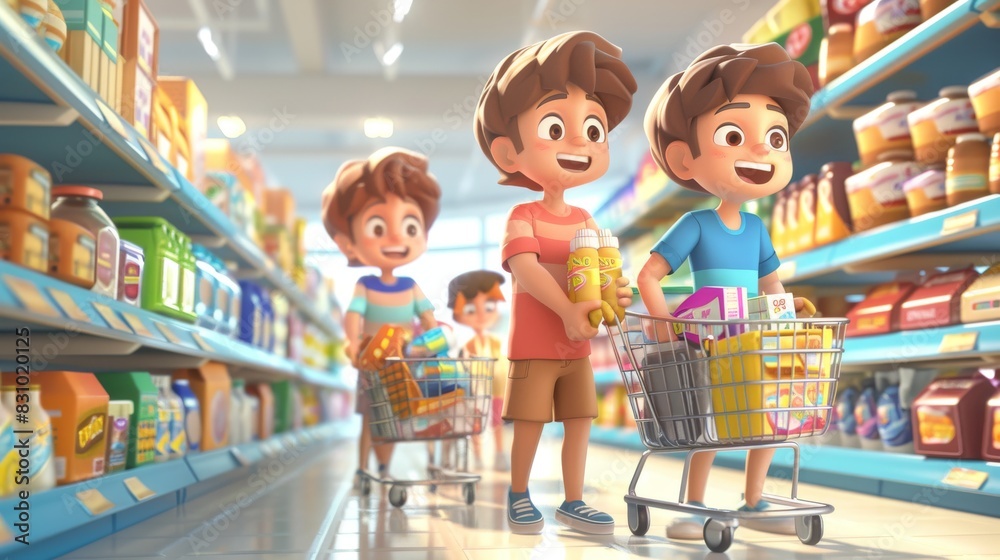 Animated characters in a store aisle, each with a shopping cart ...
