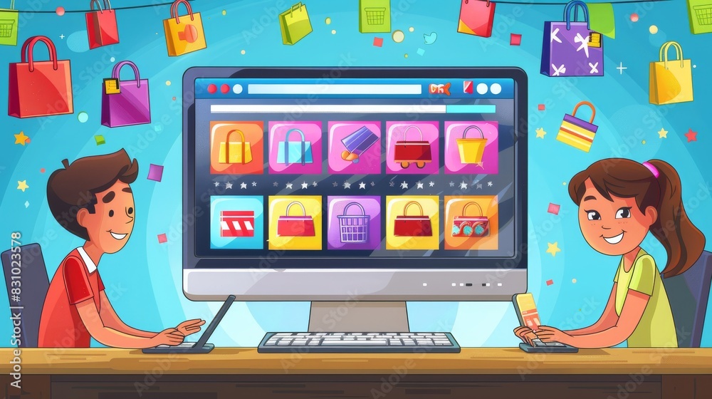Cartoon vector of an online shopping scene, with a computer screen ...