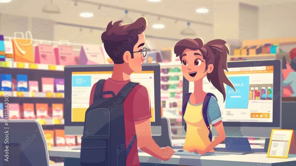 Cartoon vector of an online shopping scene, with a computer screen ...