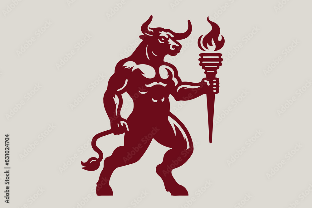 Minotaur. Mythical creature of ancient Greece. Bull man. Torch with ...