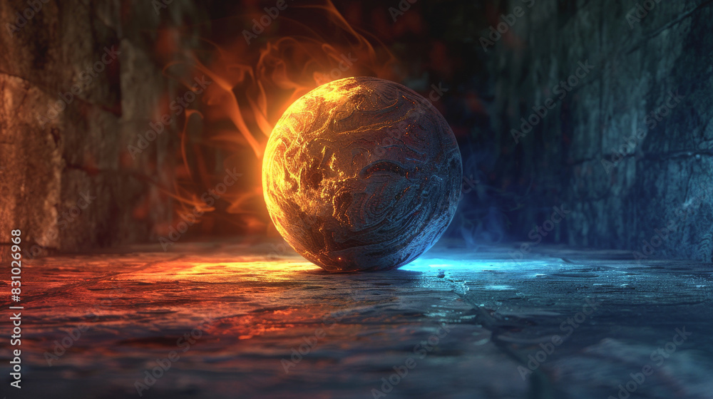 Abstract image of a glowing, fiery orb emitting both hot and cold ...