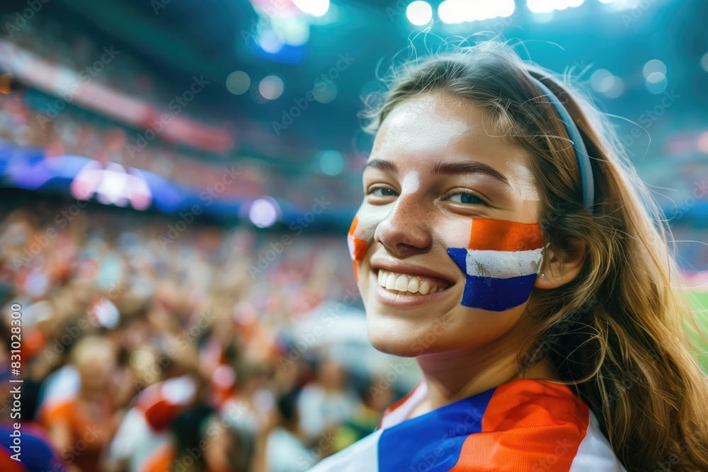 Dutch soccer fan woman with national flag of netherland painted on her ...
