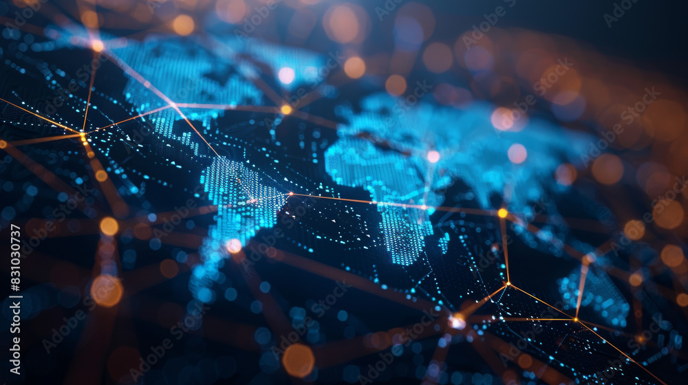 Futuristic world map with glowing digital lines and dots connecting continents, representing ...