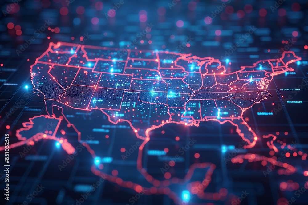 A digital representation of the United States map with glowing nodes ...