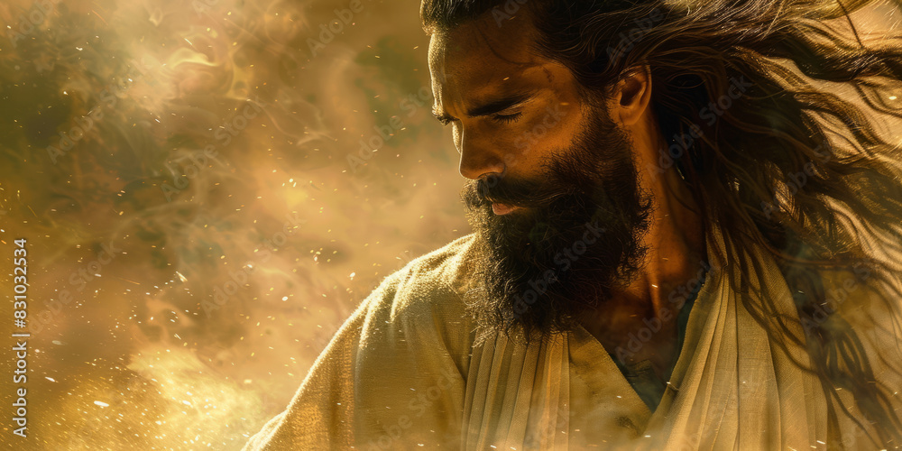 Jesus Christ portrayed with a flowing beard and mustache against an ...