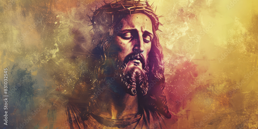 Jesus Christ portrayed with a flowing beard and mustache against an ...