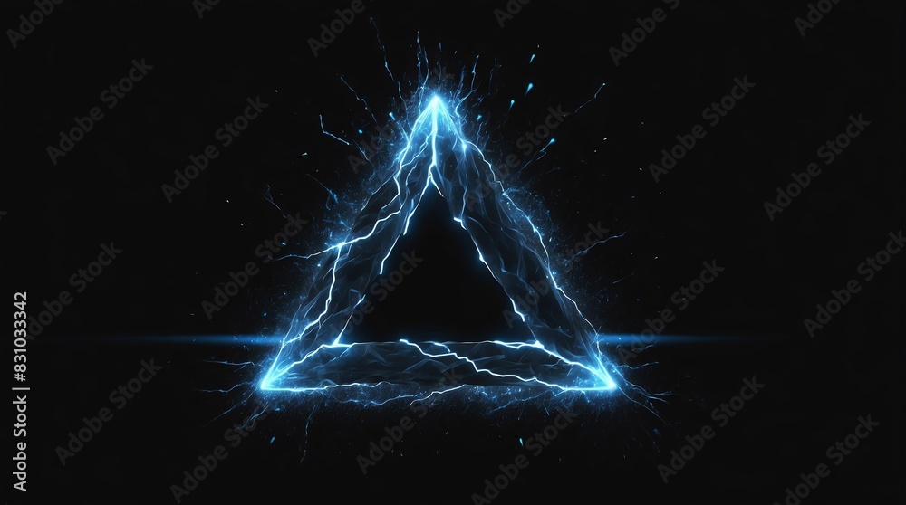 abstract triangle of blue glowing light particles with lightning sparks ...