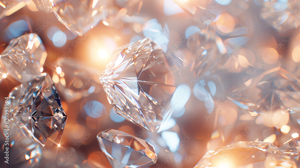 Scattered white diamonds and crystals falling from above, very shiny ...