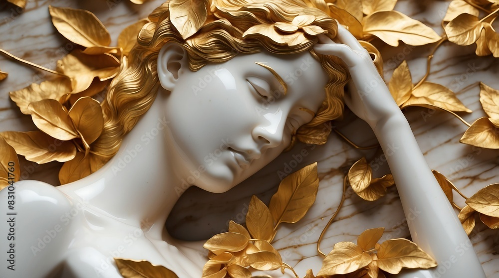 gold leaves background of beautiful woman marble sculpture statue art ...