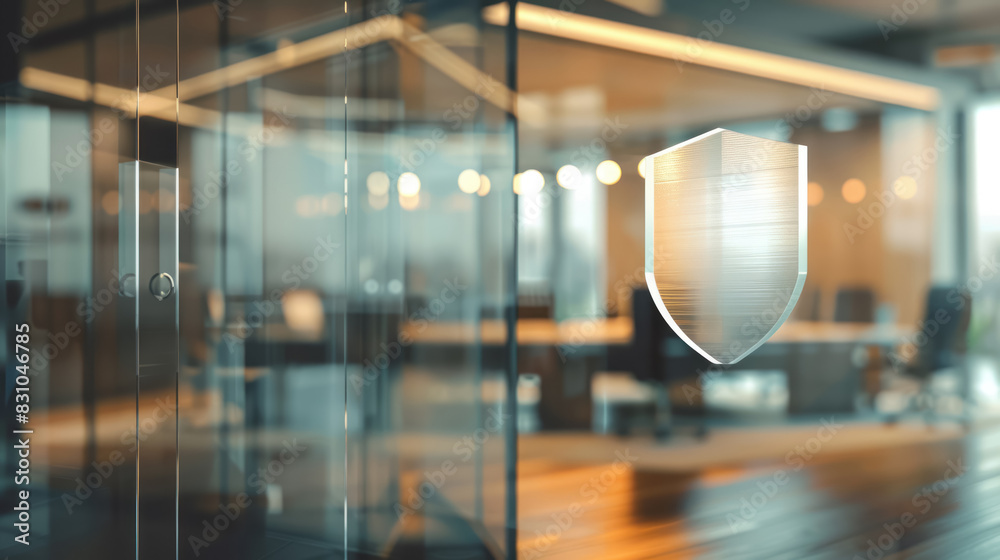modern office interior with floating silver shield icon, concept of ...