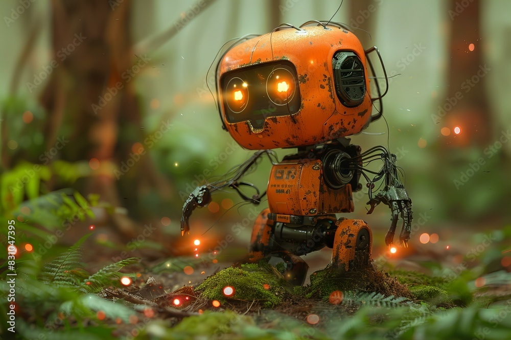 Psychedelic art style , lovely cute robot with a cute little nose, wiry ...
