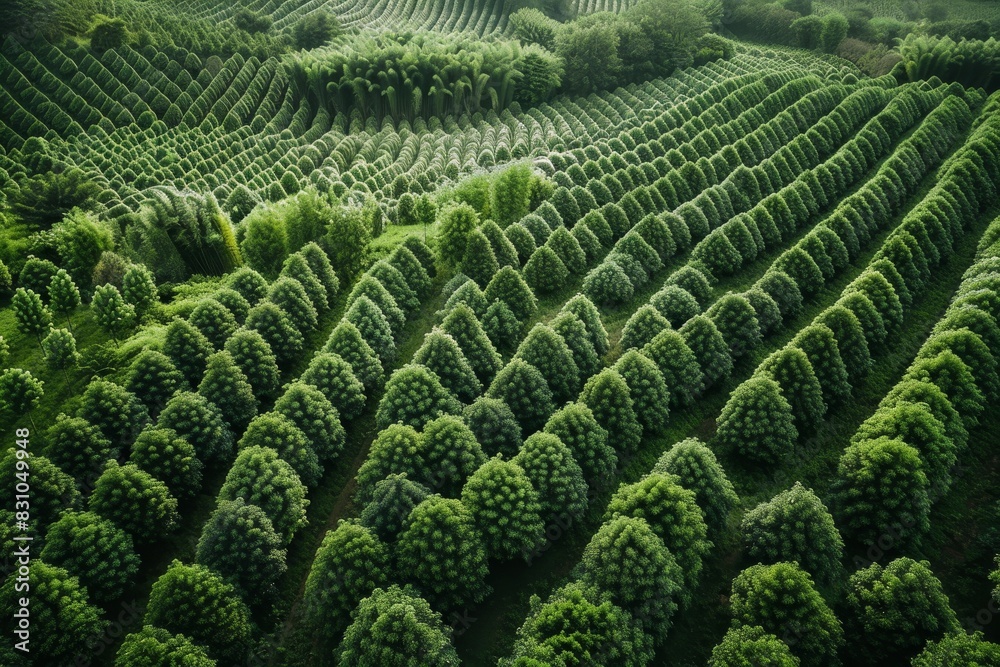Lush Agroforestry Landscape: A Panoramic View of Green Crops and Rows ...