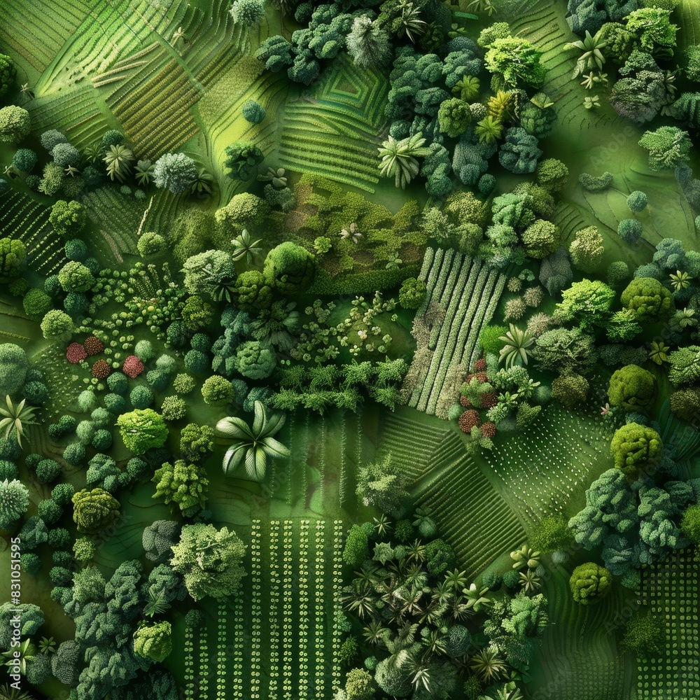 Lush Green Agroforestry Landscape: Aerial View of Diverse Plant Species ...