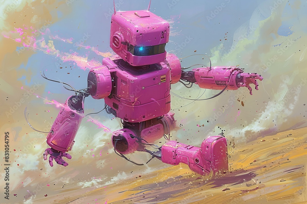Depicting a psychedelic art style , lovely cute robot with a cute ...