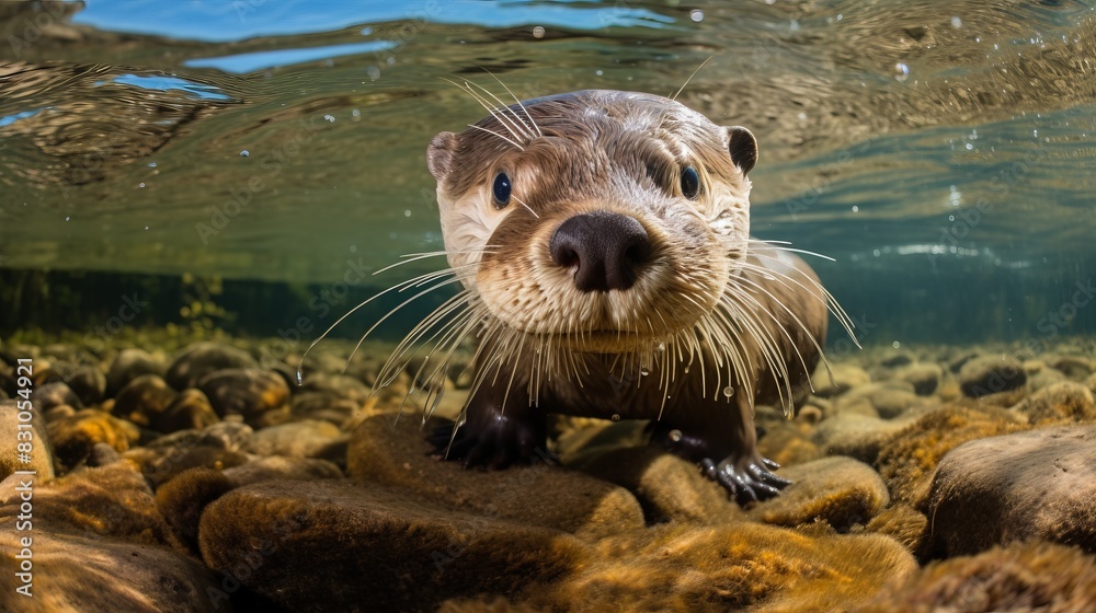 Adorable close-up of an otter underwater, swimming over pebbles and ...