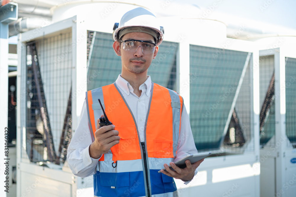 Engineer under checking the industry chilled water fan coil unit air ...