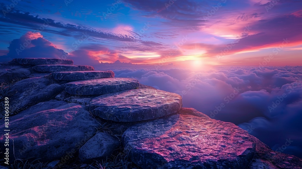 Stone steps winding up into a glowing twilight sky, with each step ...