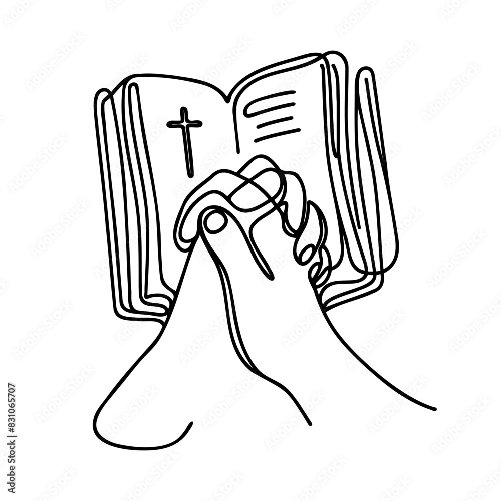 Continuous one-line drawing of an open Bible and two hands clasped ...