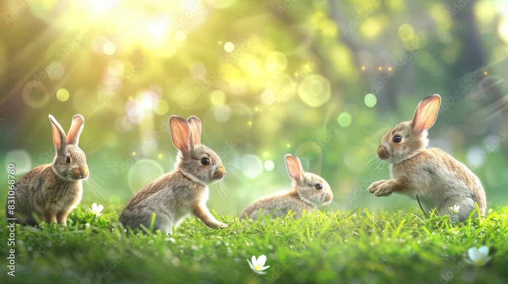 bunny meadow adorable rabbits hopping and playing on lush green grass ...