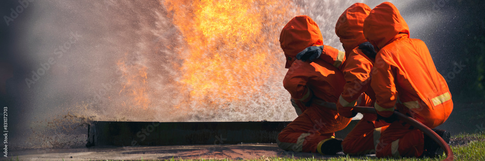 Firefighter Rescue training in fire fighting extinguisher. Firefighter ...