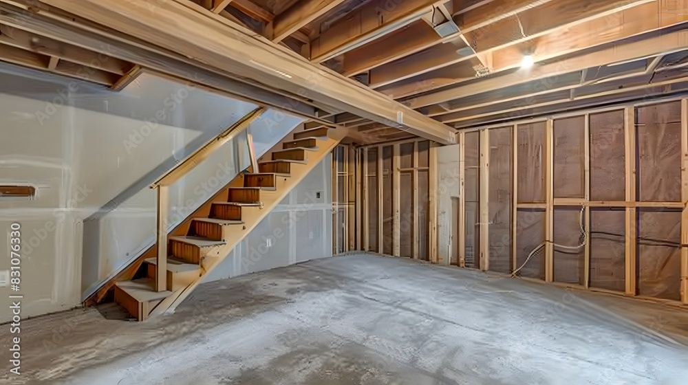 A photo of an unfinished basement with wooden frame walls and staircase ...
