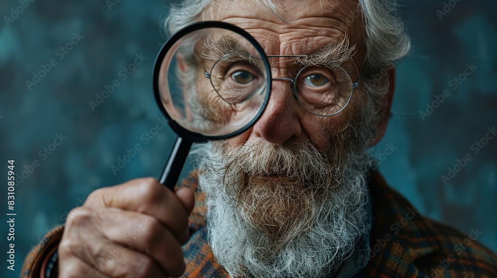 Elderly Man with Magnifying Glass Examining Detail in Blue Background ...