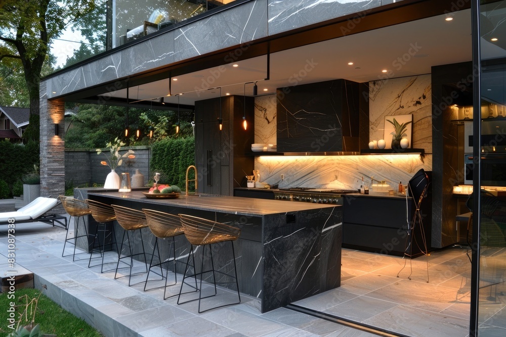 A contemporary terrace with a built-in outdoor bar and seating area ...