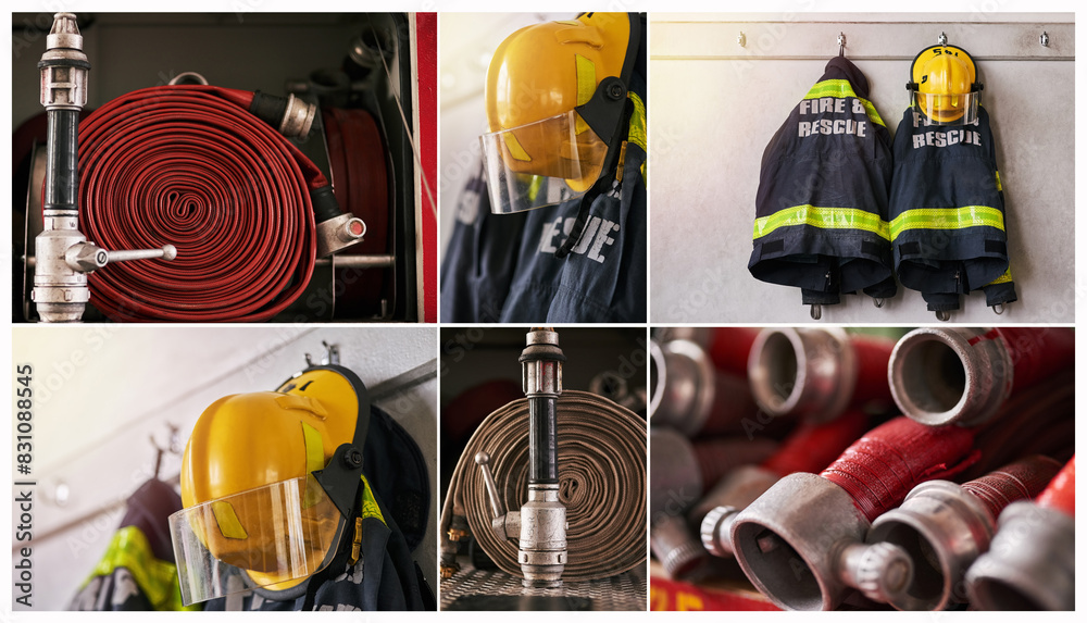 Fire station, collage or empty room with equipment for safety, service ...