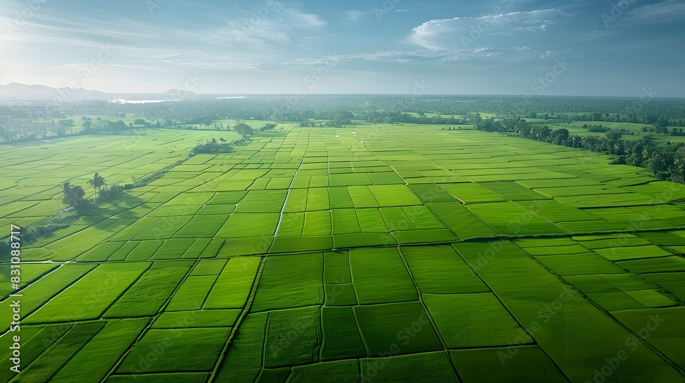 Aerial view of green rice fields in India, representing agricultural ...